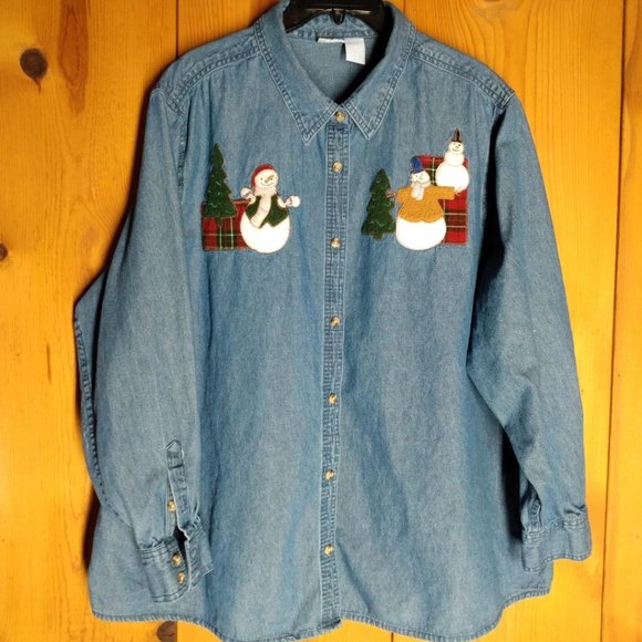 Holiday Editions | Tops | Holiday Editions Snowmen Denim Shirt | Poshmark